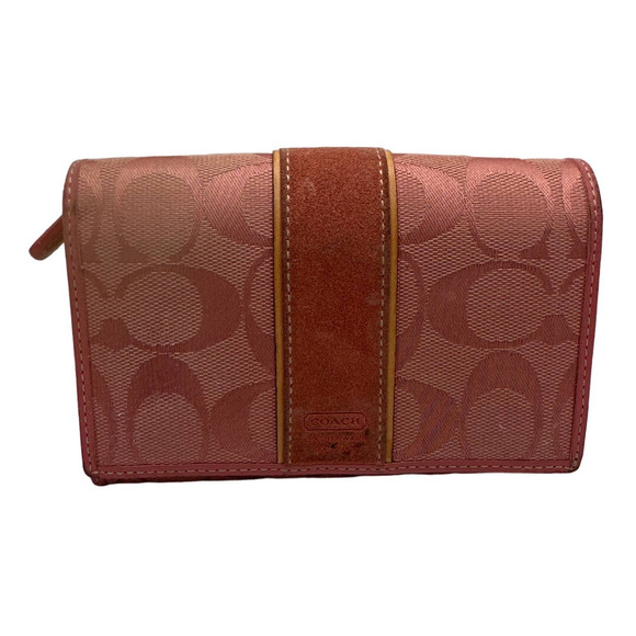 Coach | Bags | Coach Pink Signature Canvas And Suede Medium Wallet ...